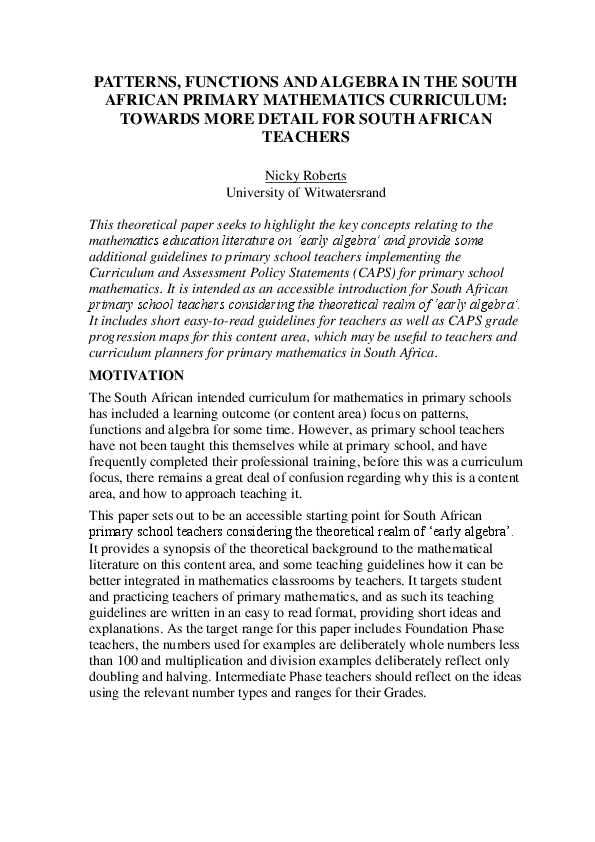 (PDF) Patterns, functions and algebra in the South African Primary Mathematics curriculum ...