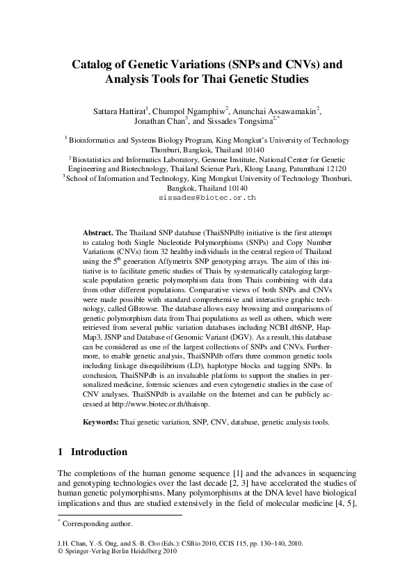 (PDF) Catalog of Genetic Variations (SNPs and CNVs) and Analysis Tools ...