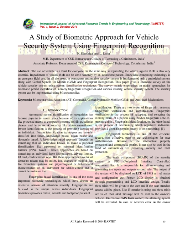 (PDF) A Study of Biometric Approach for Vehicle Security System Using ...