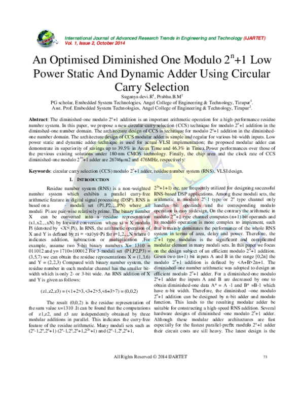 Pdf An Optimised Diminished One Modulo 2n 1 Low Power Static And Dynamic Adder Using Circular