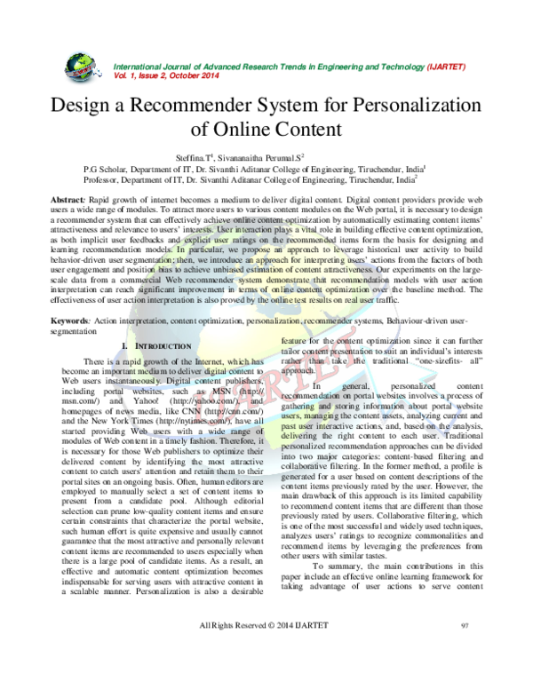 (PDF) Design a Recommender System for Personalization of Online Content