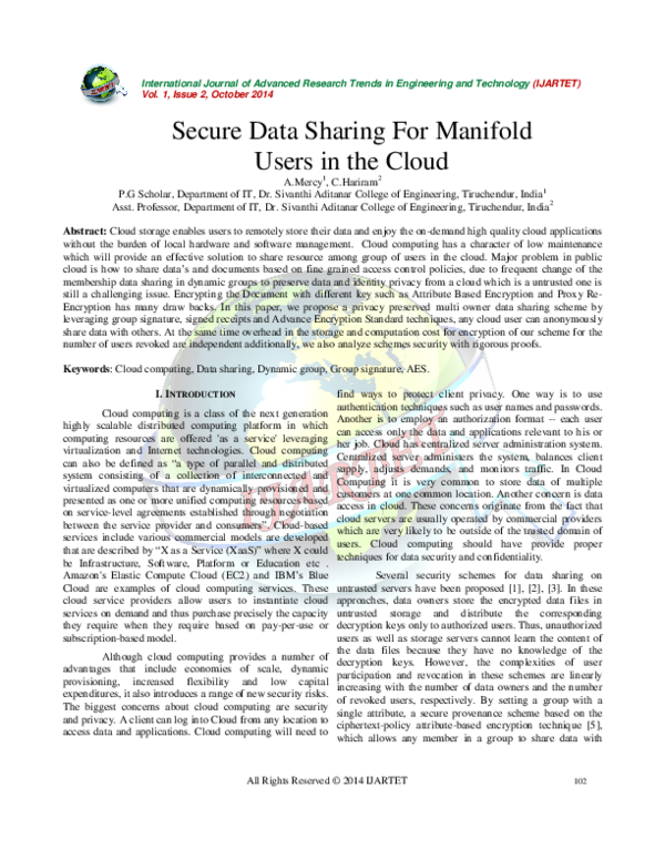 (PDF) Secure Data Sharing For Manifold Users in the Cloud (PDF) Secure Data Sharing For Manifold Users in the Cloud
