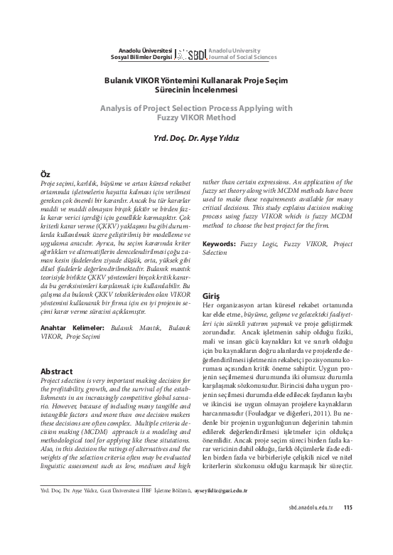 (PDF) Analysis of Project Selection Process Applying with Fuzzy VIKOR Method