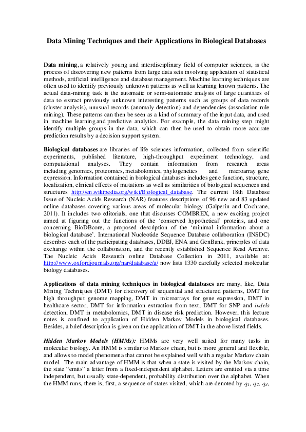 (PDF) Data Mining Techniques and their Applications in Biological Databases