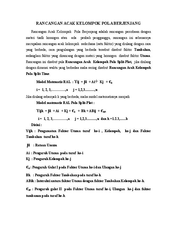 (DOC) RANCANGAN ACAK KELOMPOK POLA BERJENJANG Model Matematis RAL : Yij ...