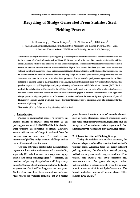 Recycling of Sludge Generated From Stainless Steel Pickling Process