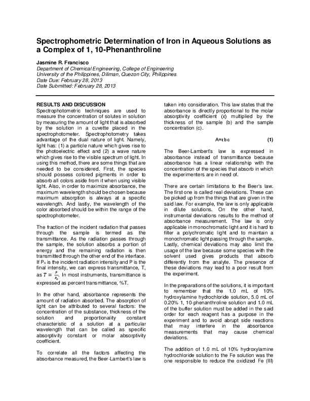(PDF) Spectrophometric Determination of Iron in Aqueous Solutions as a ...