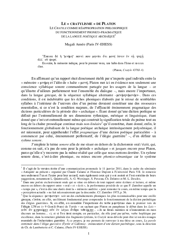 (PDF) Le cratylisme de Platon : Le Cratyle comme réappropriation ...