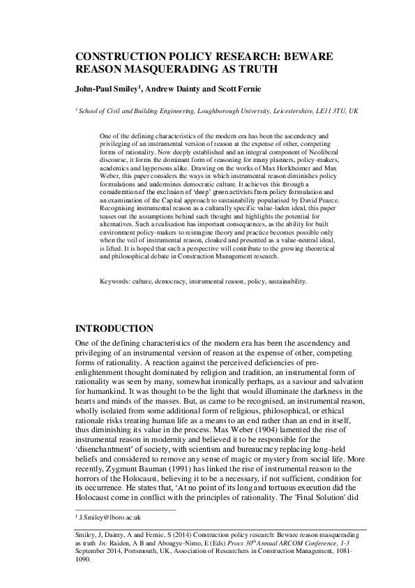 (PDF) Construction policy research: Beware reason masquerading as truth
