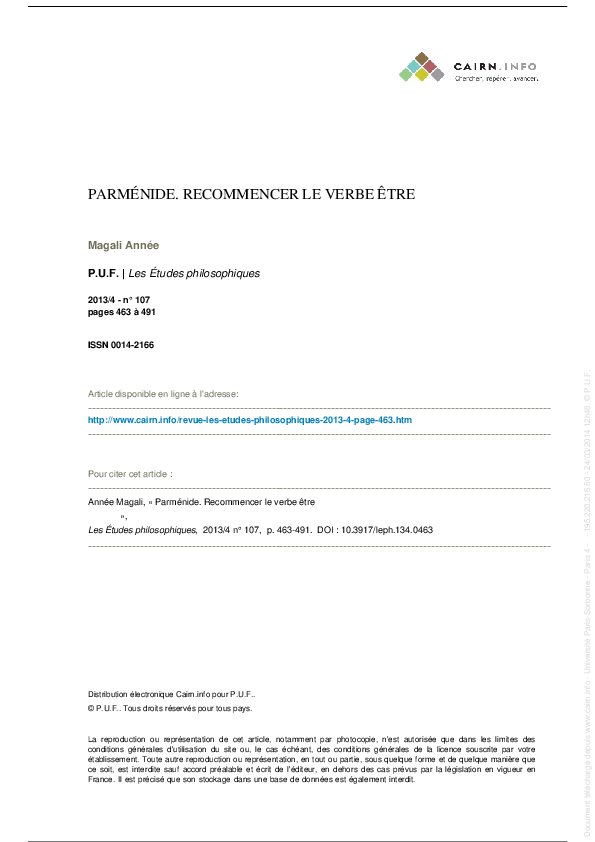 (PDF) "Parménide. Recommencer le verbe être", Les Etudes Philosophiques ...