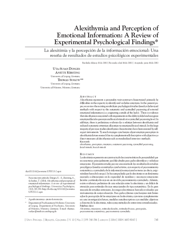 (PDF) Alexithymia and perception of emotional information: A review of ...