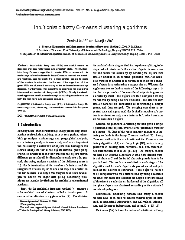 (PDF) Intuitionistic fuzzy C-means clustering algorithms (PDF) Intuitionistic fuzzy C-means clustering algorithms