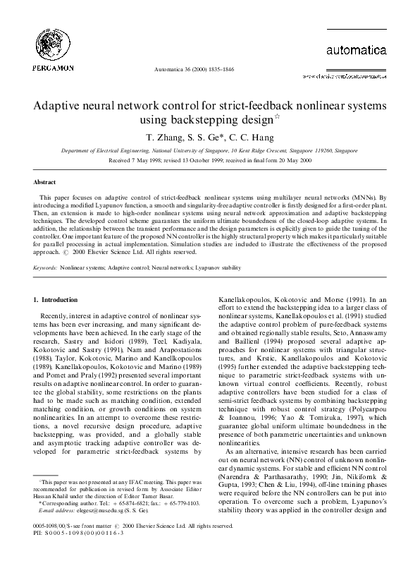 Pdf Adaptive Neural Network Control For Strict Feedback Nonlinear Systems Using Backstepping