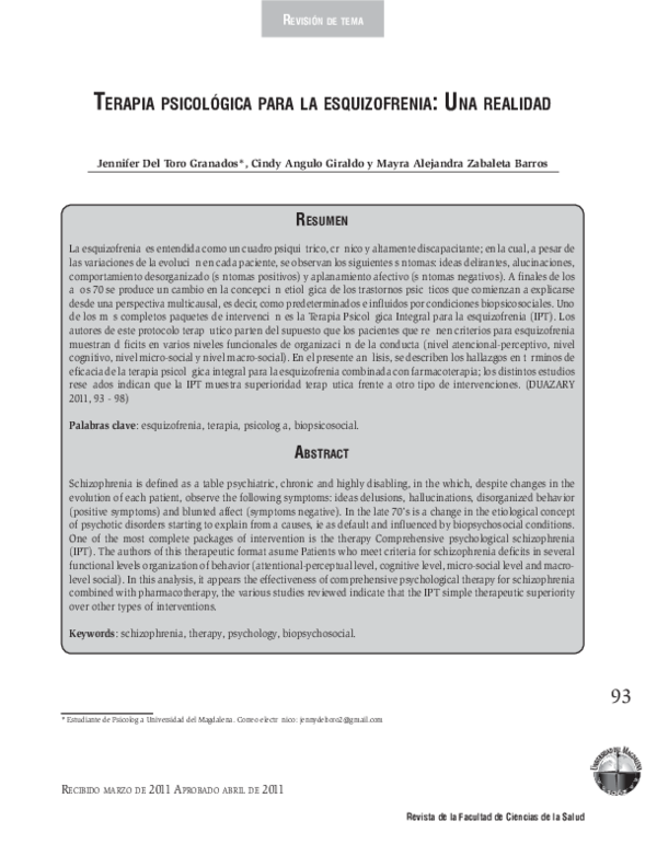 (PDF) Terapia psicológica para la esquizofrenia: Una realidad