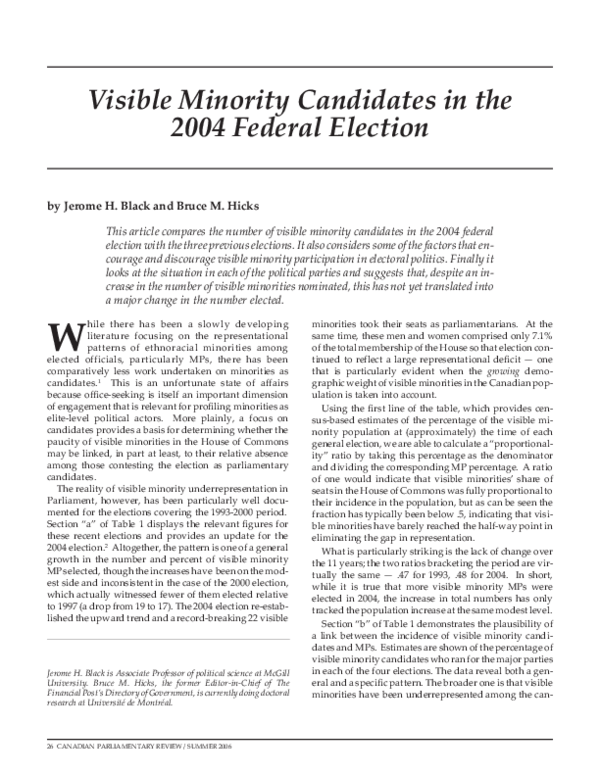 (PDF) Visible Minority Candidates in the 2004 Federal Election