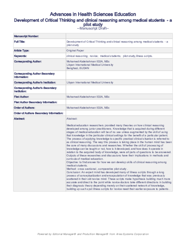 (PDF) Development of Critical Thinking and clinical reasoning among ...