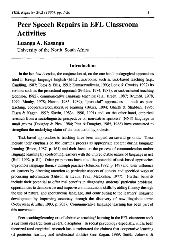 (PDF) Peer speech repairs in EFL classroom activities