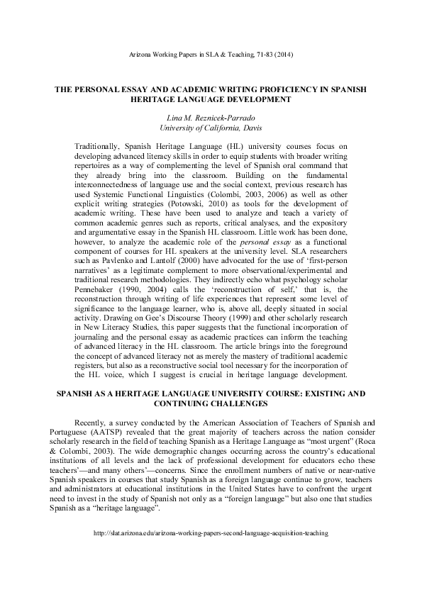 (PDF) The Personal Essay and Academic Writing Proficiency in Spanish ...