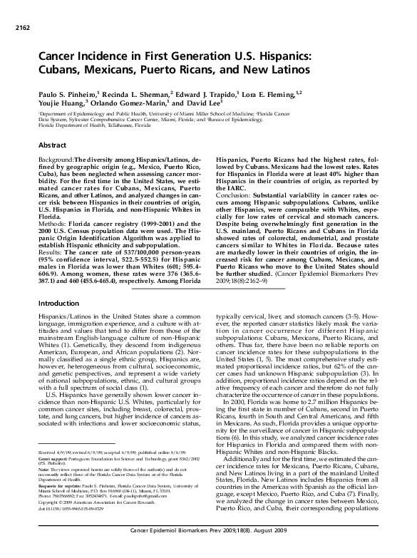(PDF) Cancer Incidence in First Generation U.S. Hispanics: Cubans ...