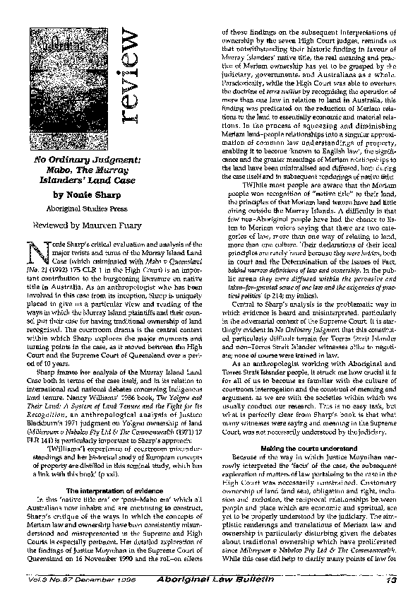 (PDF) No Ordinary Judgement: Mabo, The Murray Islanders' Land Case ...