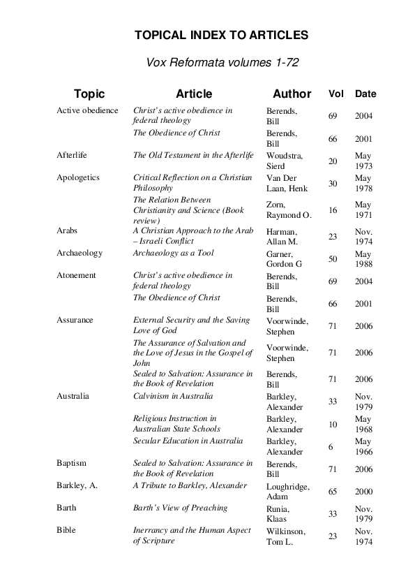 (PDF) Topical Index, Vox Reformata