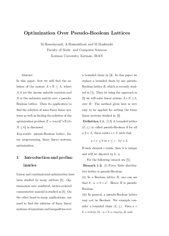 (PDF) Optimization Over Pseudo-Boolean Lattices | mashaallah mashinchi - Academia.edu