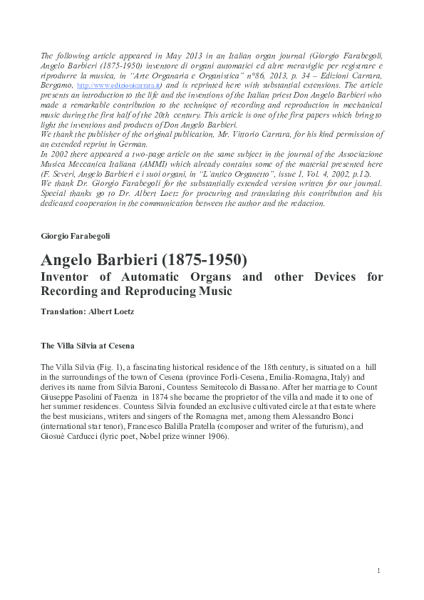 (PDF) Angelo Barbieri (1875-1950) Inventor of Automatic Organs and ...