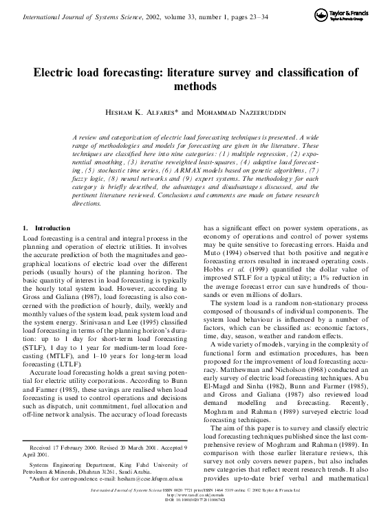(PDF) Electric load forecasting: literature survey and classi®cation of methods