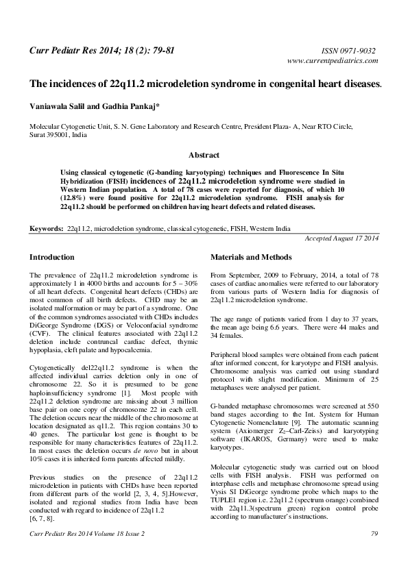 (PDF) The incidences of 22q11.2 microdeletion syndrome in congenital heart diseases
