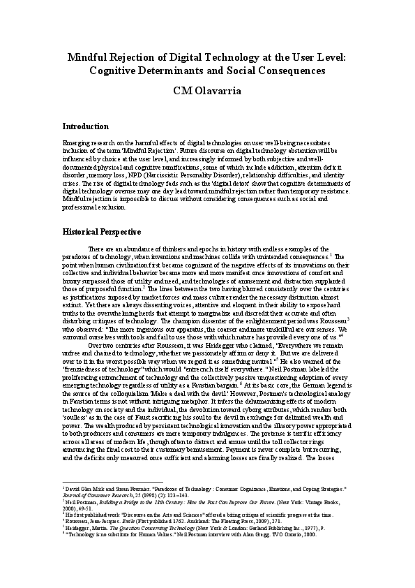 (PDF) Mindful Rejection of Digital Technology at the User Level ...