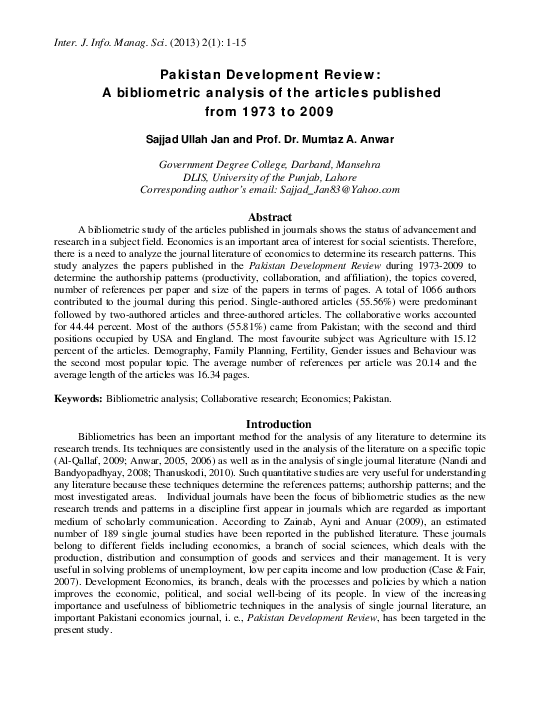 (PDF) Pakistan Development Review: A bibliometric analysis of the ...