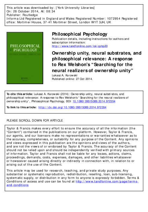 (PDF) "Ownership unity, neural substrates, and philosophical relevance ...