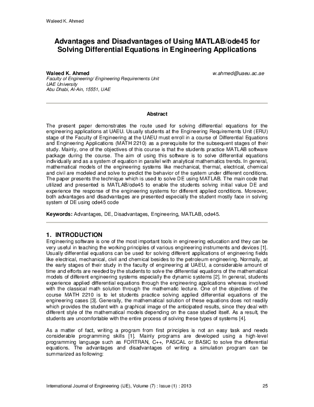 (PDF) Advantages and Disadvantages of Using MATLAB/ode45 for Solving ...