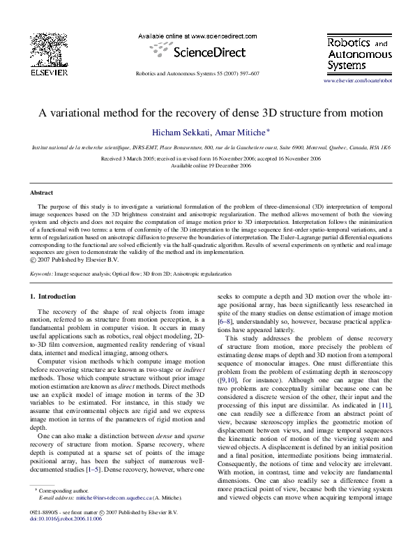 (PDF) A variational method for the recovery of dense 3D structure from motion