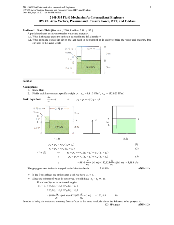 (PDF) 2141-365 Fluid Mechanics for International Engineers HW #2: Area ...