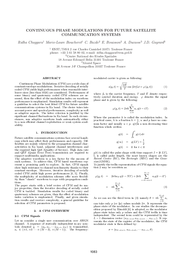 (PDF) CONTINUOUS PHASE MODULATIONS FOR FUTURE SATELLITE COMMUNICATION SYSTEMS