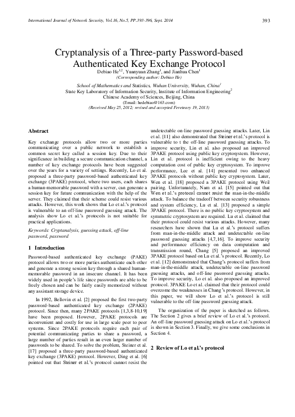(PDF) Cryptanalysis of a Three-party Password-based Authenticated Key Exchange Protocol