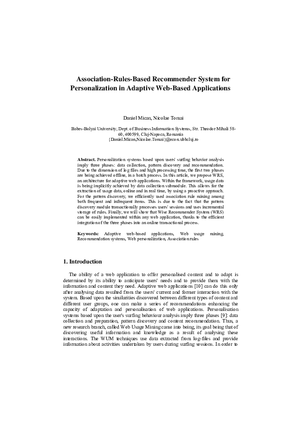 Pdf Association Rules Based Recommender System For Personalization In
