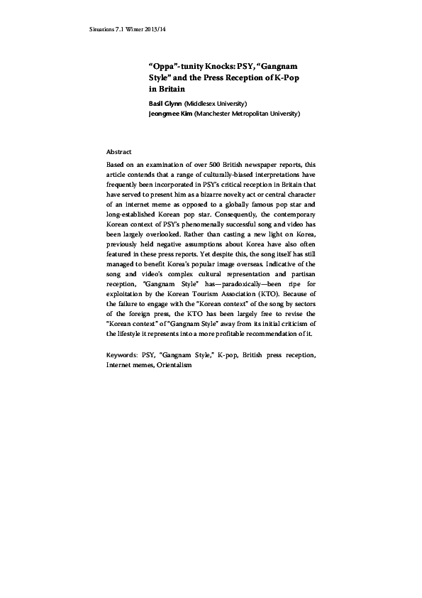 (PDF) "Oppa"-tunity Knocks: PSY, “Gangnam Style” and the Press ...