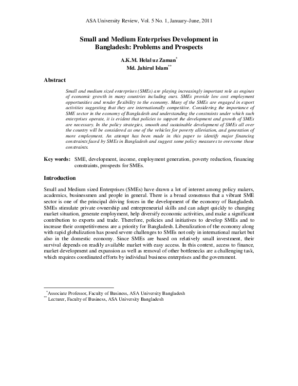 (PDF) Small and Medium Enterprises Development in Bangladesh: Problems and Prospects