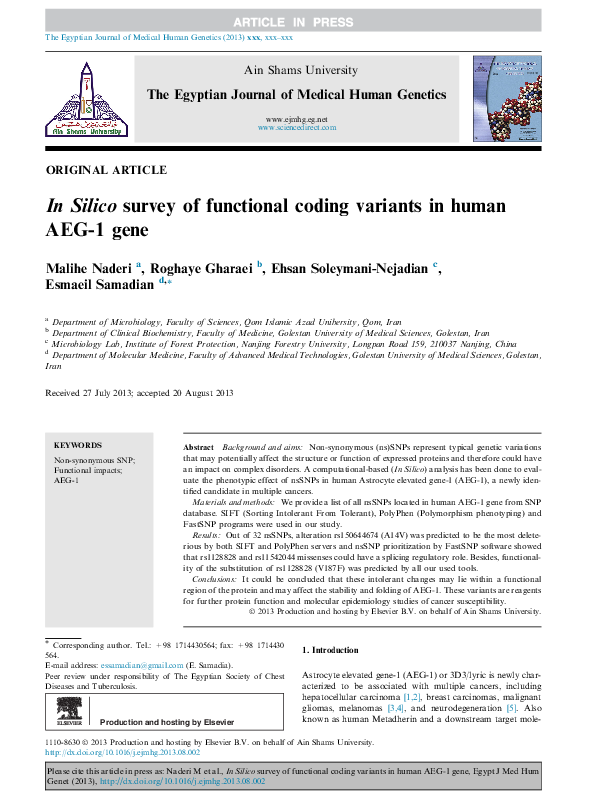 (PDF) In Silico survey of functional coding variants in human AEG-1 gene