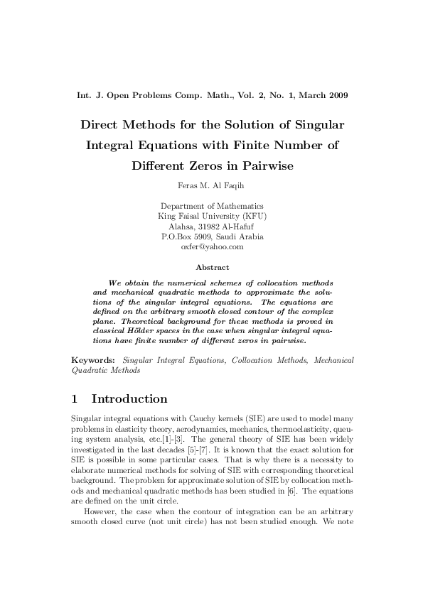 Pdf Direct Methods For The Solution Of Singular Integral Equations With Finite Number Of