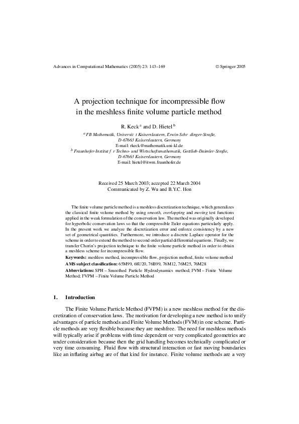 Pdf A Projection Technique For Incompressible Flow In The Meshless Finite Volume Particle Method