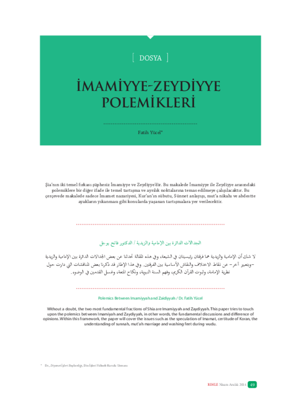 Polemics Between Imamiyyah and Zaidiyyah / Dr. Fatih Yücel