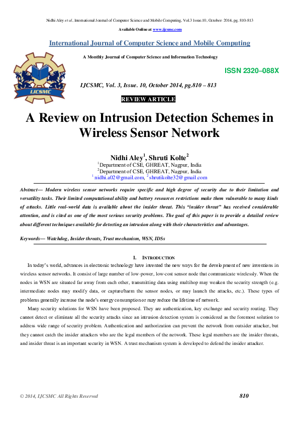 Pdf A Review On Intrusion Detection Schemes In Wireless Sensor Network