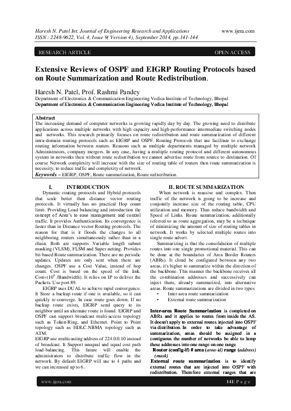 Pdf Extensive Reviews Of Ospf And Eigrp Routing Protocols Based On