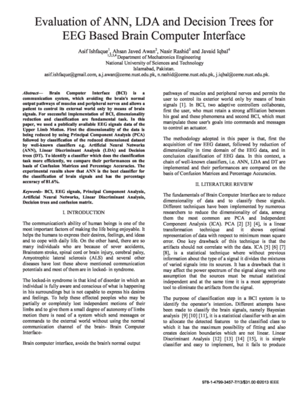 Pdf Evaluation Of Ann Lda And Decision Trees For Eeg Based Brain Computer Interface