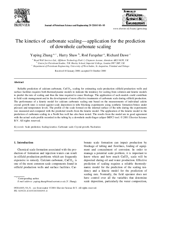 (PDF) The kinetics of carbonate scaling—application for the prediction ...
