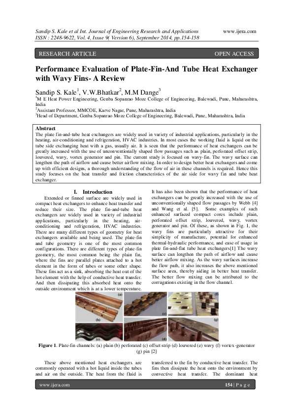 (PDF) Performance Evaluation of Plate-Fin-And Tube Heat Exchanger with Wavy Fins- A Review