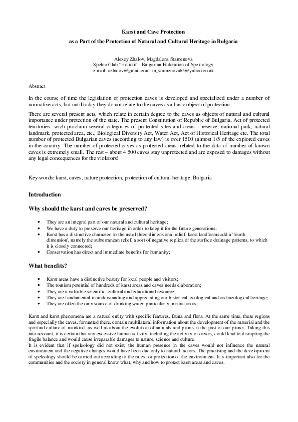 (PDF) KARST AND CAVE PROTECTION AS A PART OF THE PROTECTION OF NATURAL ...